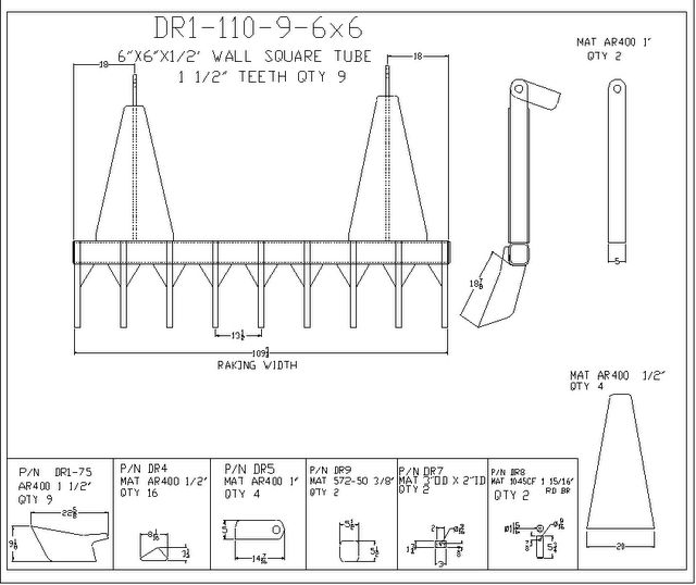 dozer blade root rake, 110" wide, 1450 lbs AR400 steel NEW, USA ...