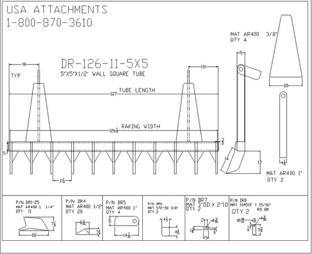 dozer blade root rake, 126" wide, 1135 lbs AR400 steel NEW, USA ...